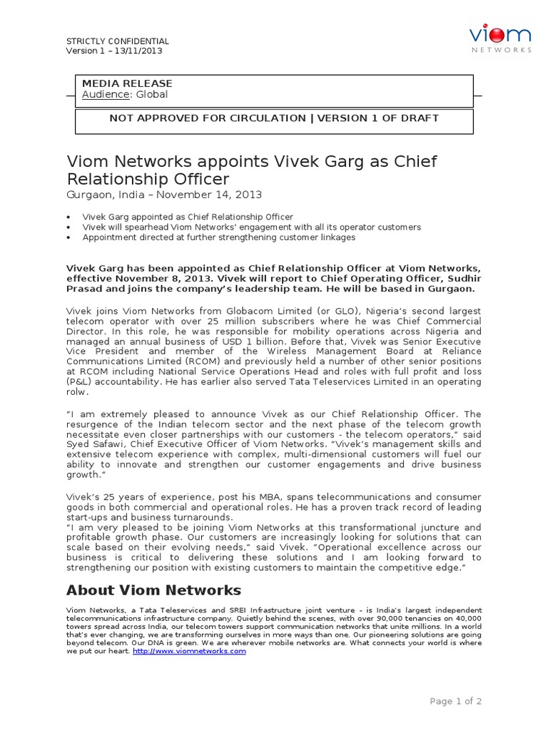 Viom Networks Appoints Vivek Garg As Chief Relationship Officer | PDF
