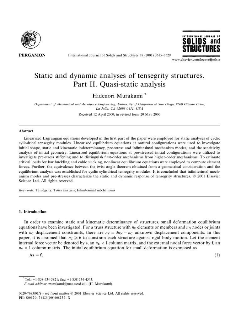 Static and Dynamic Analyses of Tensegrity Structures. Part II. Quasi-Static Analysis | PDF ...