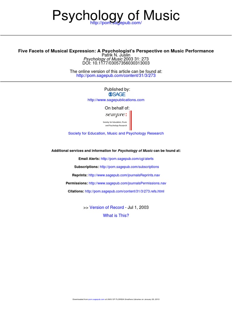 Psychology of Music-2003-Juslin PDF | PDF | Emotions | Perception