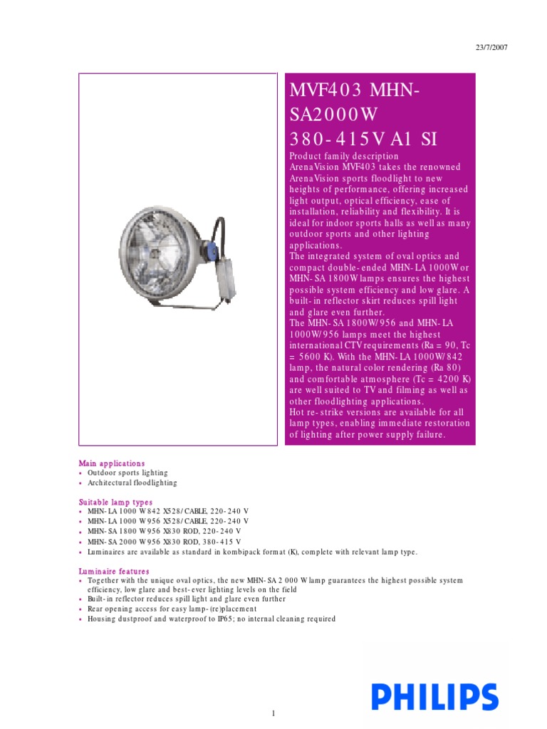 MVF403 MHN Sa2000w 380 415V A1 Si | PDF | Lighting | Cable