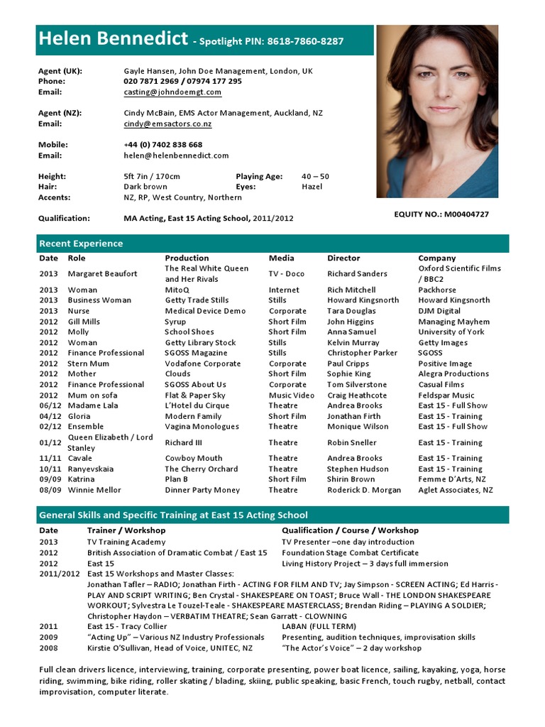 Helen Bennedict Acting CV Dec 2013 Colour | PDF | Technology & Engineering