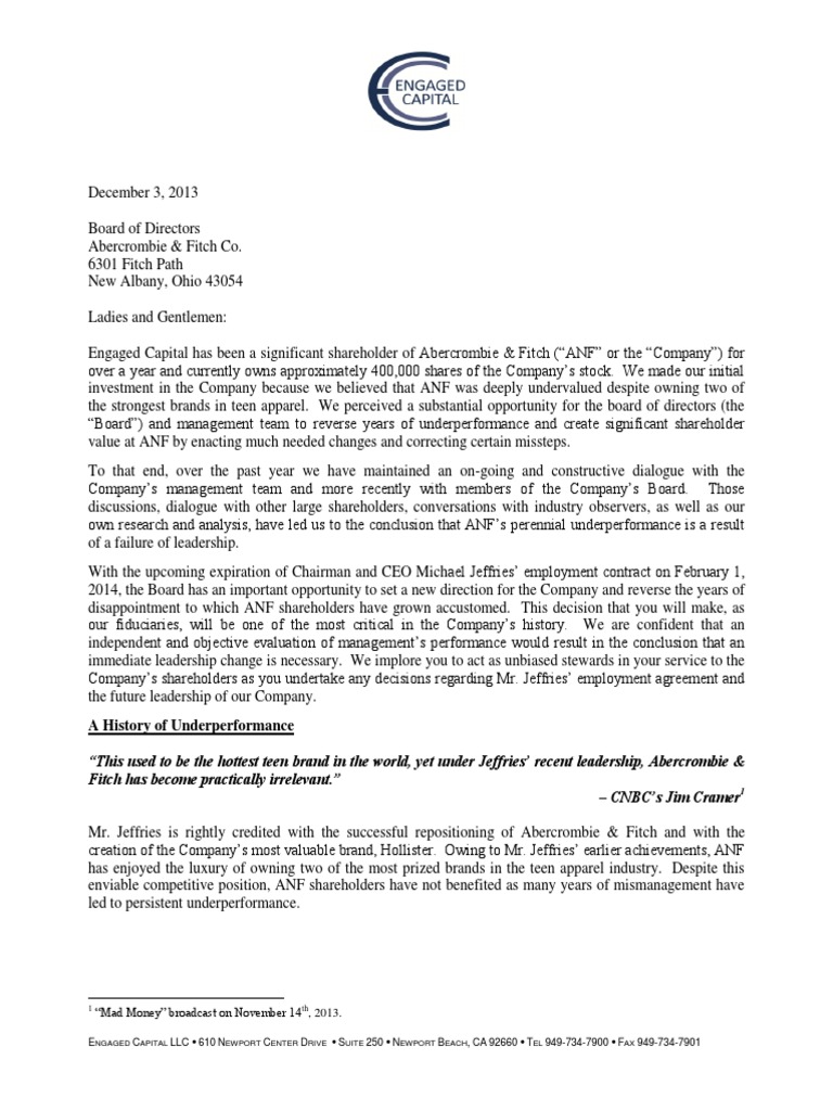 Engaged Capital's Letter To Abercrombie & Fitch | PDF | Private Equity ...