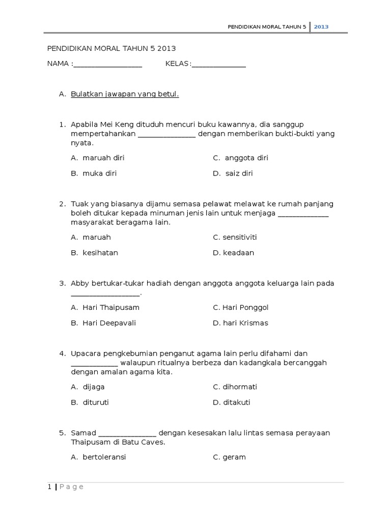 Soalan Moral Tahun 5 | PDF