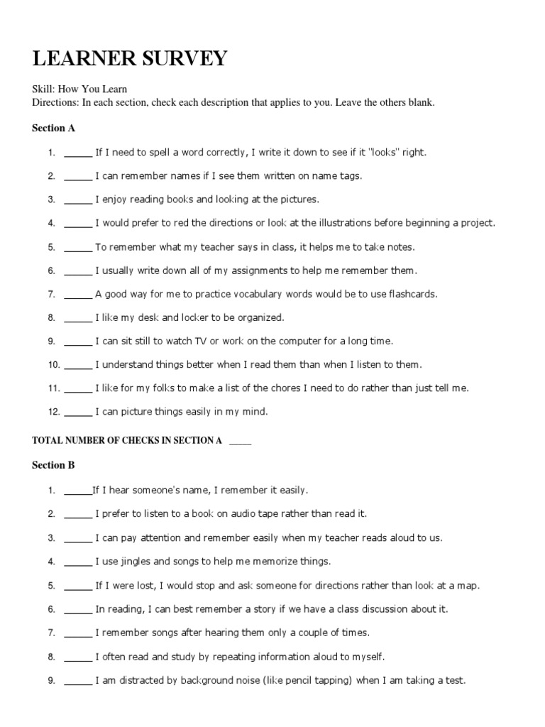 Learner Survey: Identify Your Learning Style | PDF | Vocabulary | Cognition