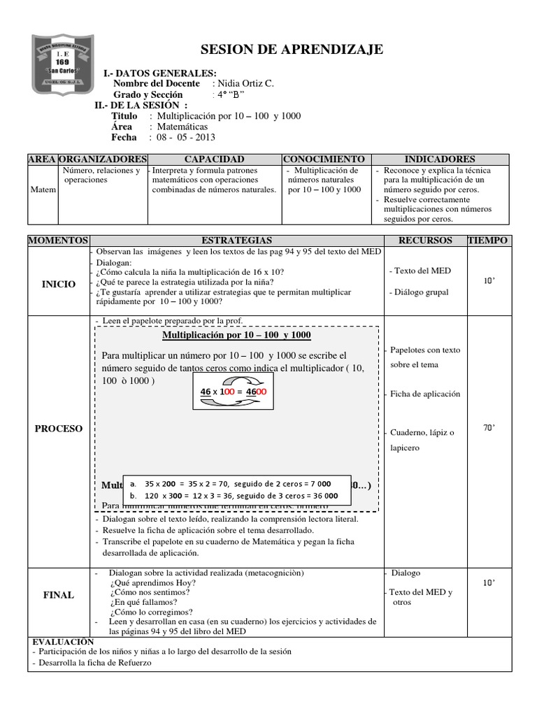 Sesion de Aprendizaje - Multiplicaci N Por 10 - 100 y 1000 | PDF | Multiplicación | Aprendizaje