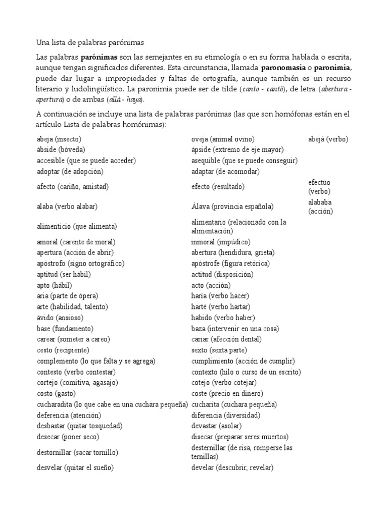 Una Lista de Palabras Parónimas | PDF | Idiomas