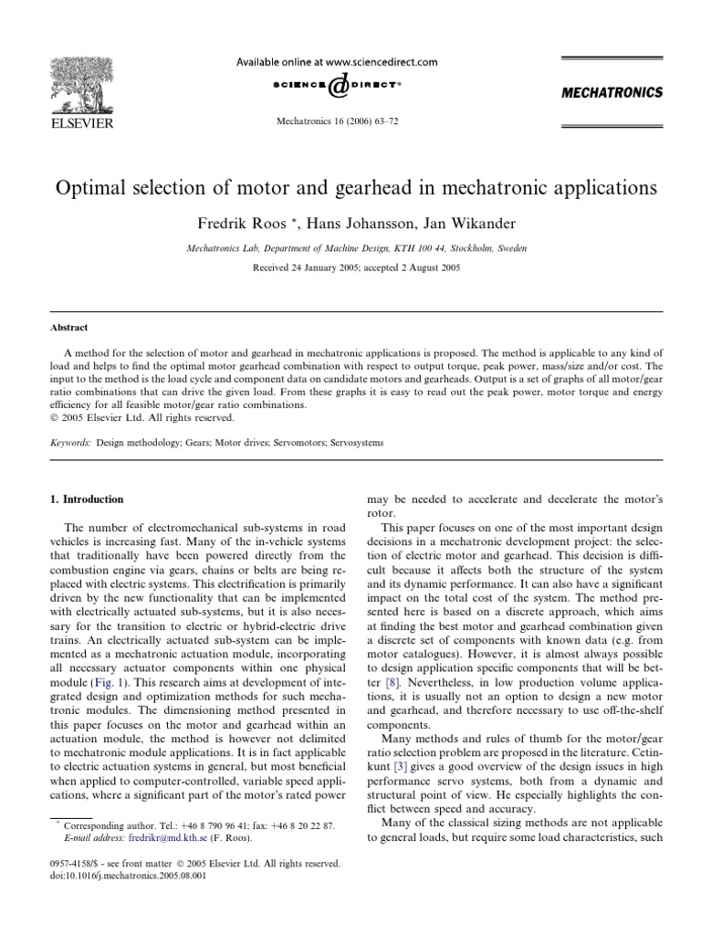Optimal Selection of Motor and Gearhead in Mechatronic Applications ...