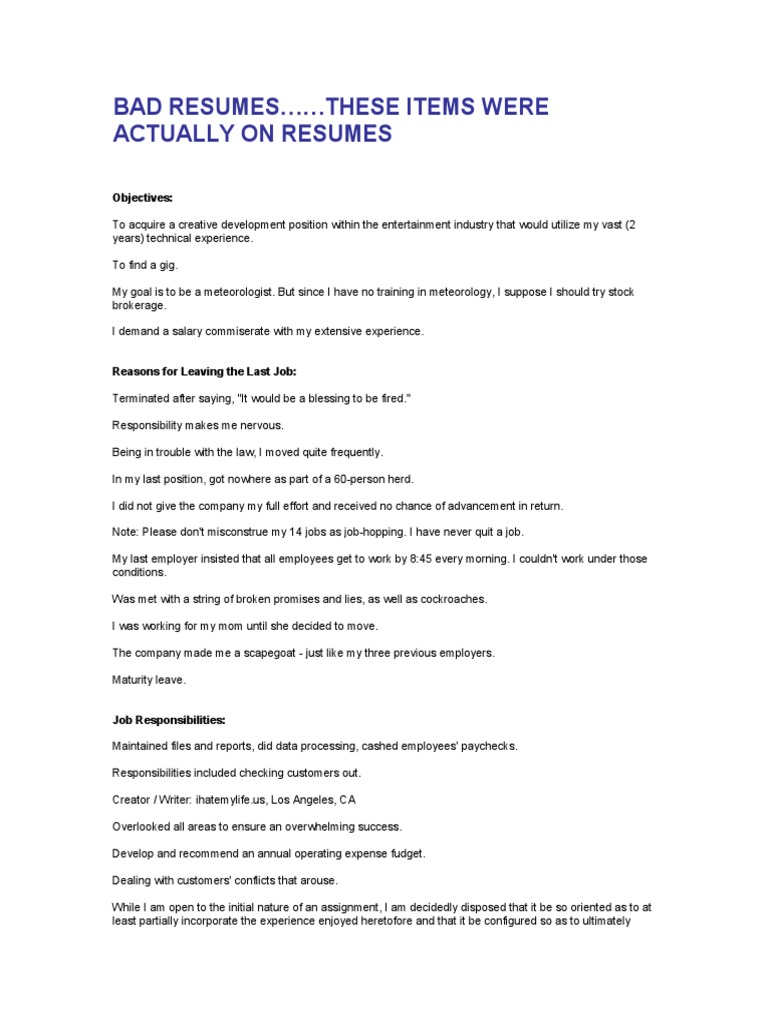 Bad Resumes These Items Were Actually On Resumes: Objectives | PDF