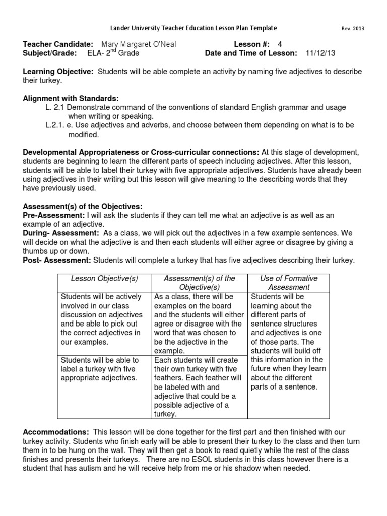 Adjective Lesson Plan for 2nd Grade | PDF | Educational Assessment ...
