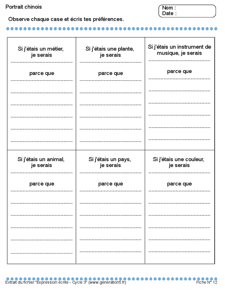 Portrait Chinois : Expression Écrite Cycle 3 | PDF