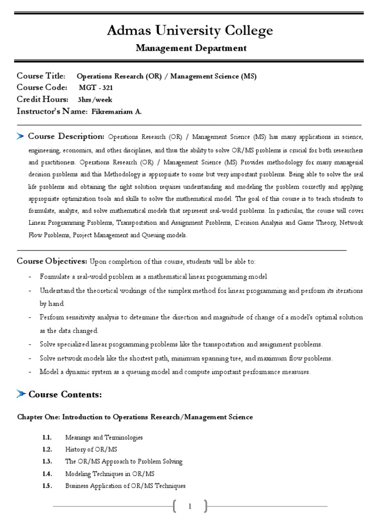 Or Course Outline - For Admas University College | PDF | Operations Research | Linear Programming