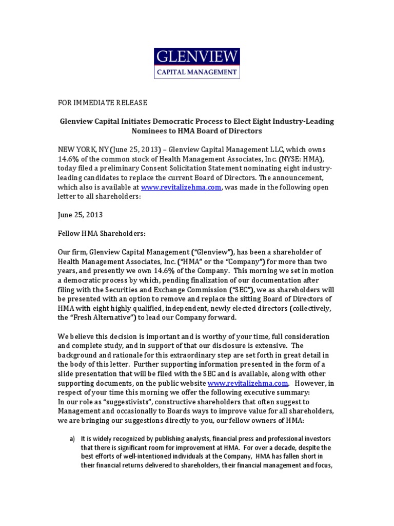 Glenview Capital Proposes HMA Board Change | PDF | Board Of Directors ...