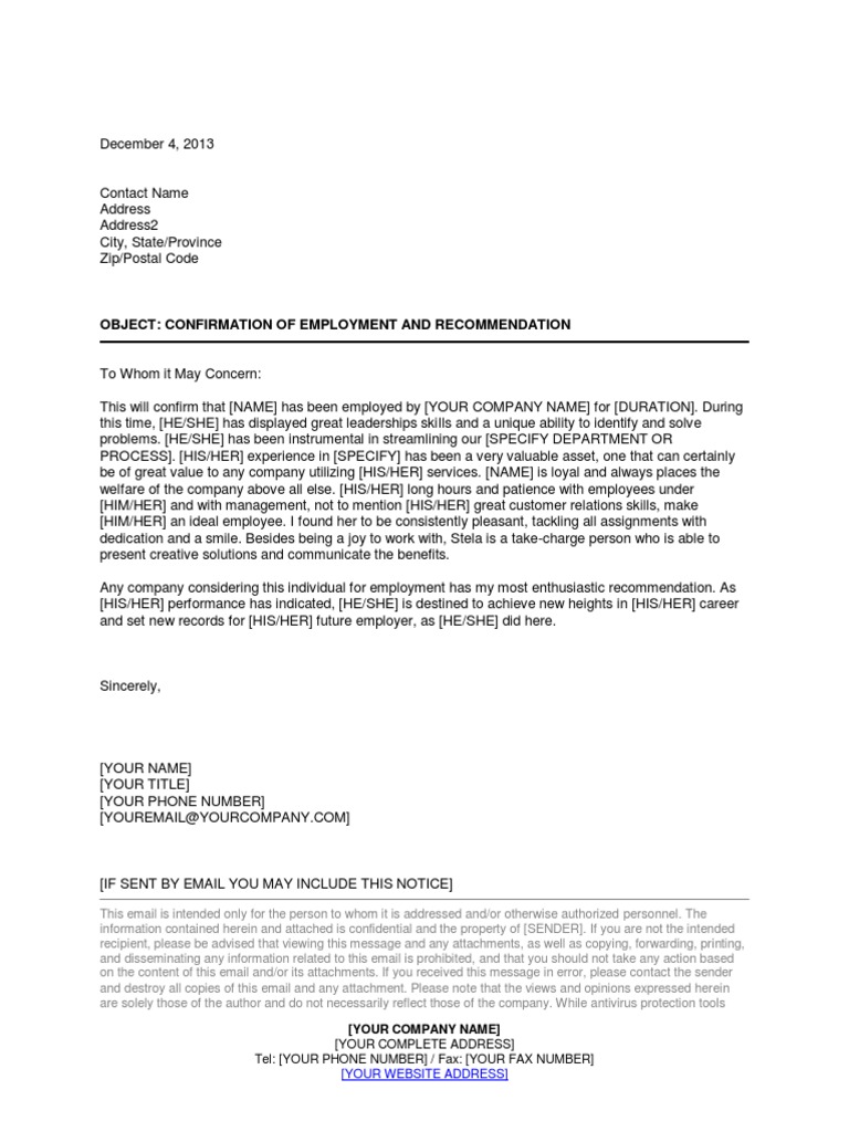 Confirmation of Employment and Letter of Recommendation | Copyright ...