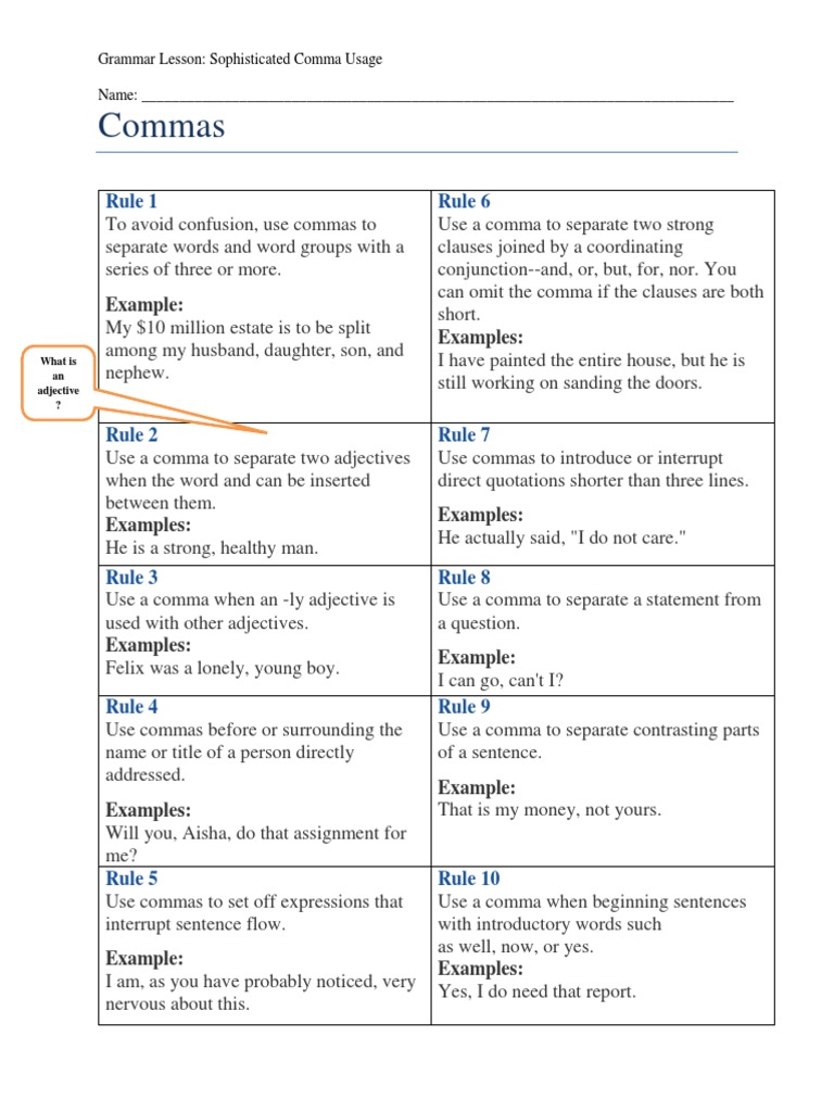 Commas Mini Lesson 1 | PDF | Comma | Sentence (Linguistics)