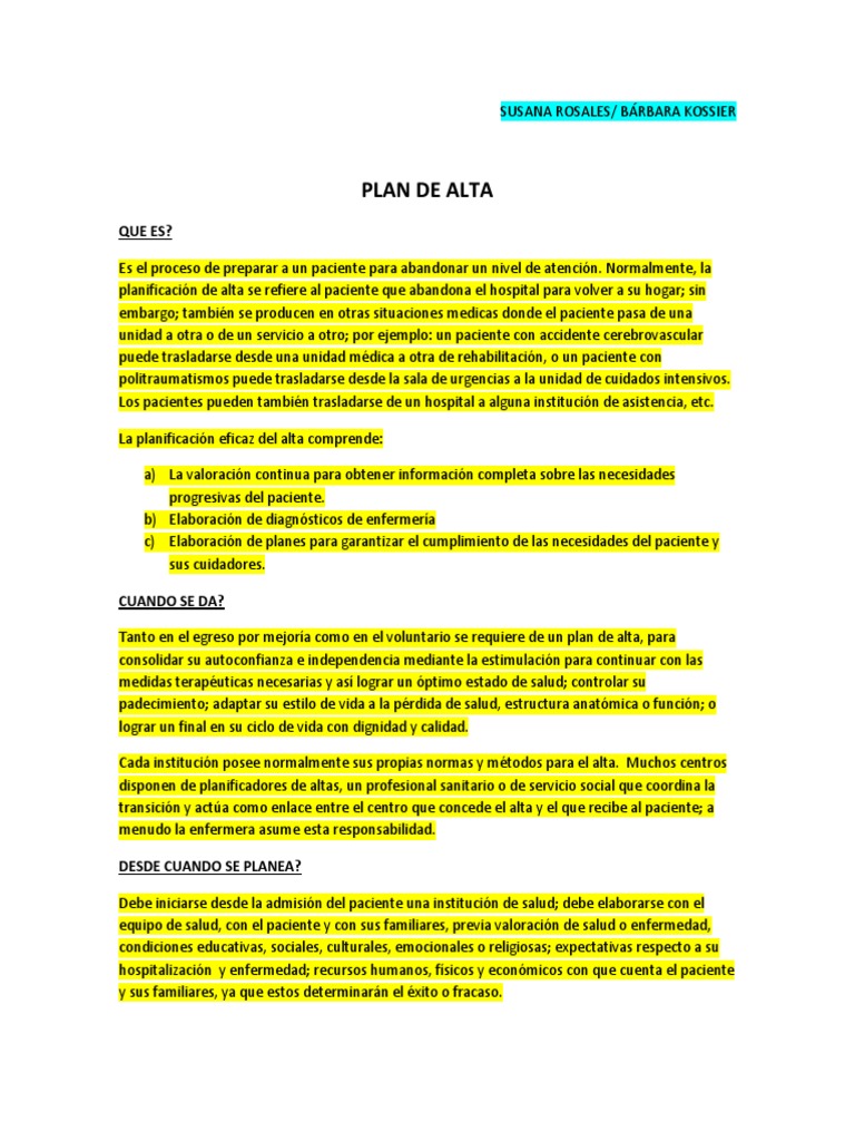 Plan de Alta | PDF | Enfermería | Hospital