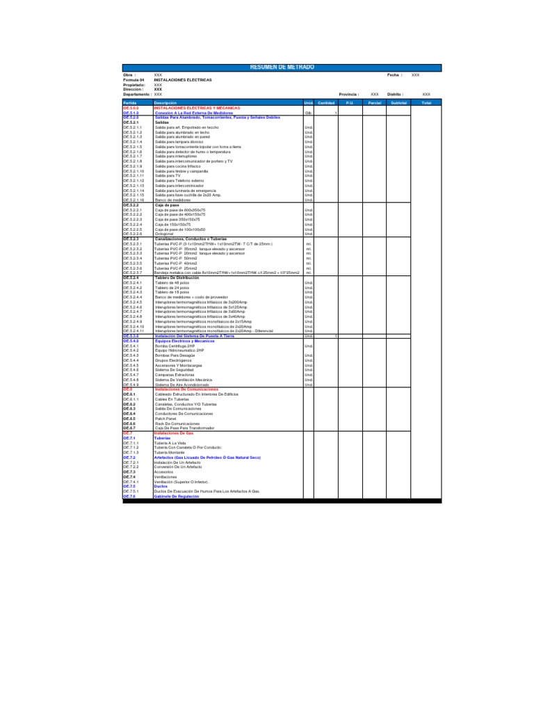 015 Planilla de Metrado Especialidad - Instalaciones.electricas - II | PDF | Ascensor ...
