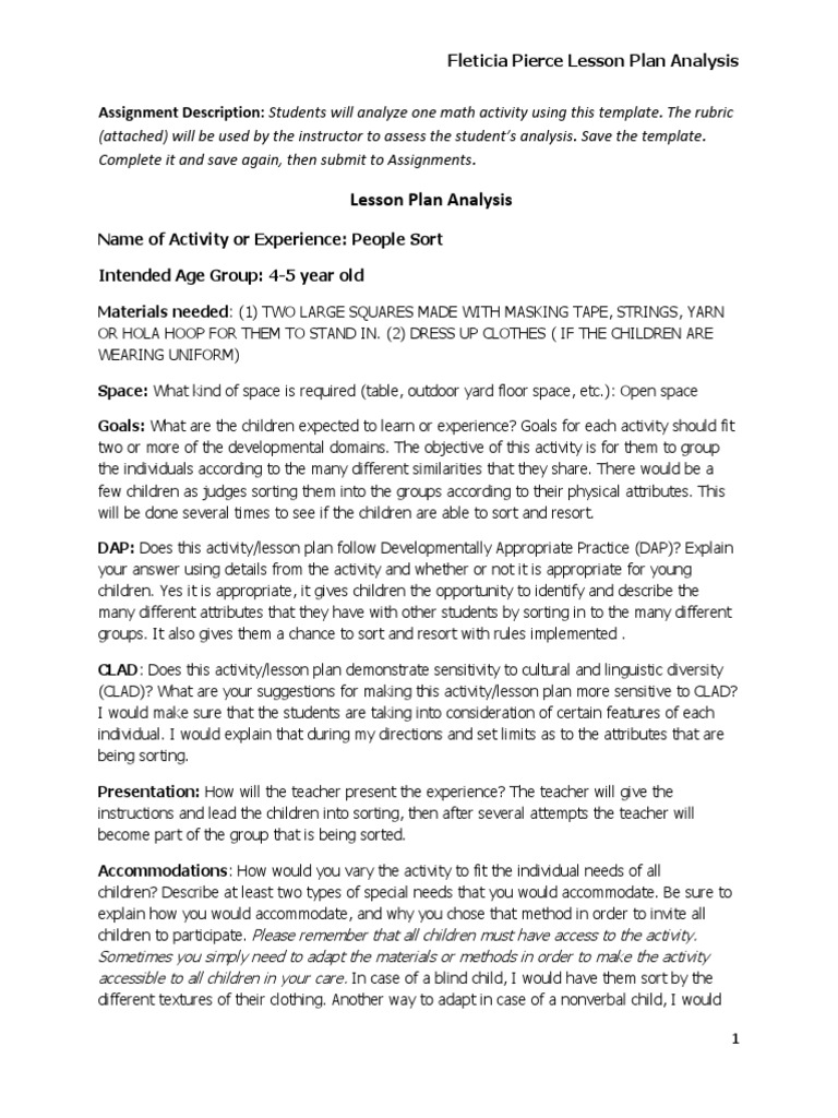 Lesson Plan Analysis for Preschool Math Activity | PDF | Lesson Plan ...