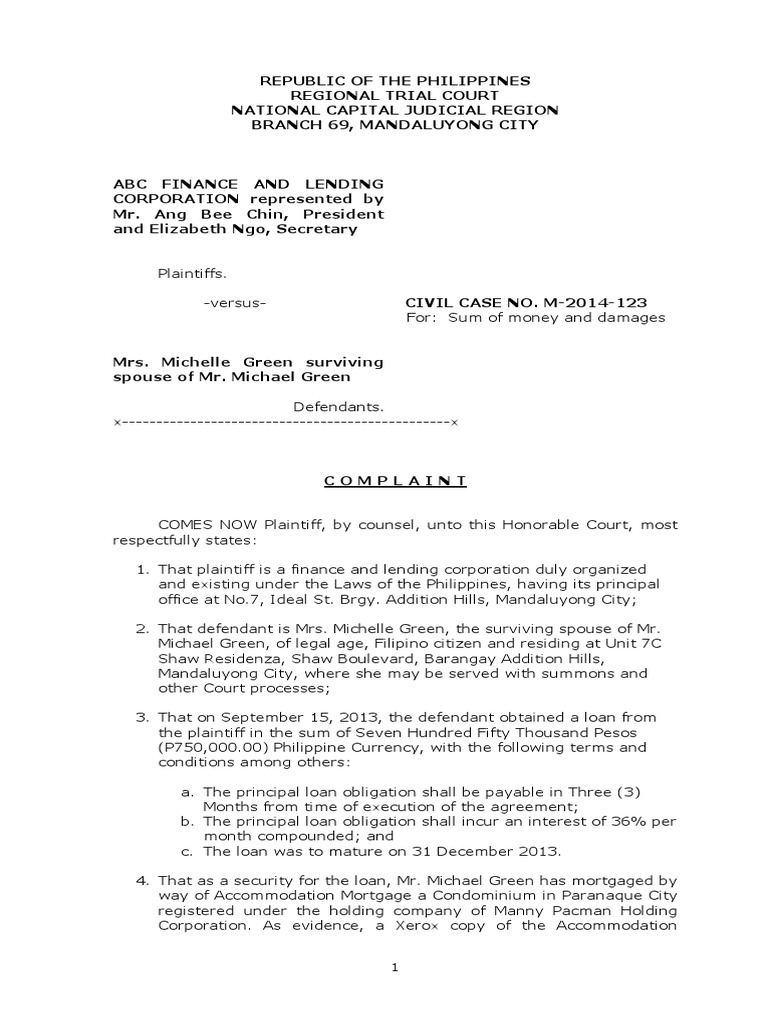 Sample Complaint For Sum of Money | PDF | Loans | Complaint