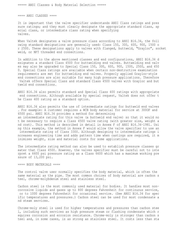 Ansi Classes Body Material Selection | PDF | Valve | Specification ...