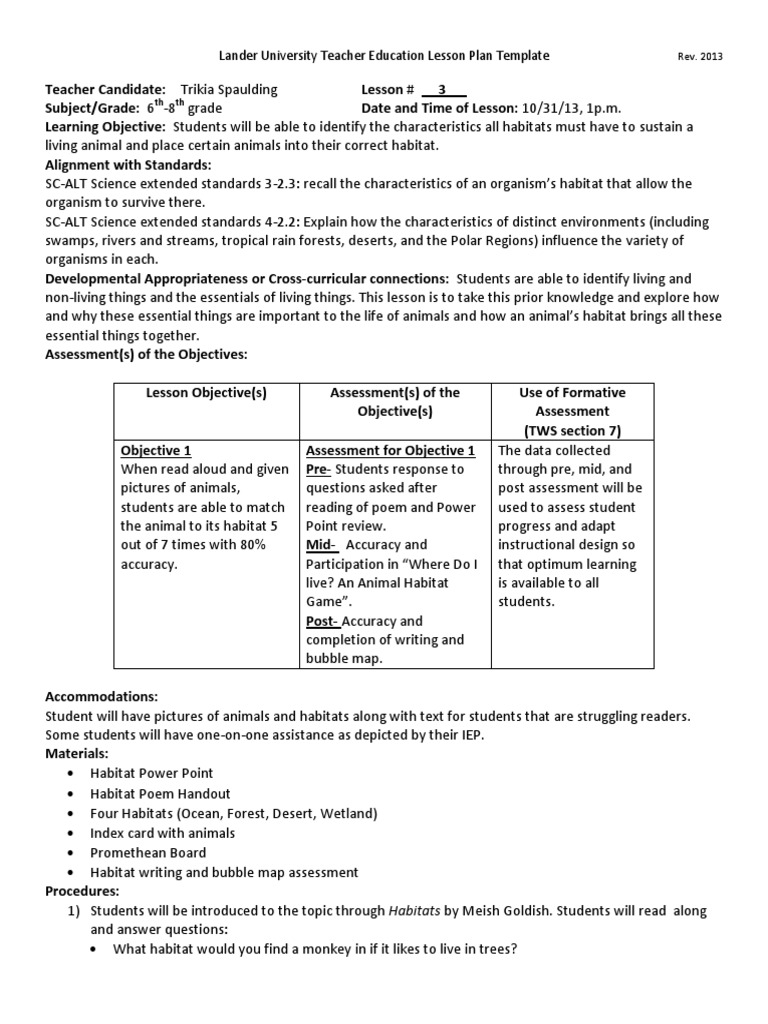 Habitat Lesson Plan | PDF | Educational Assessment | Lesson Plan