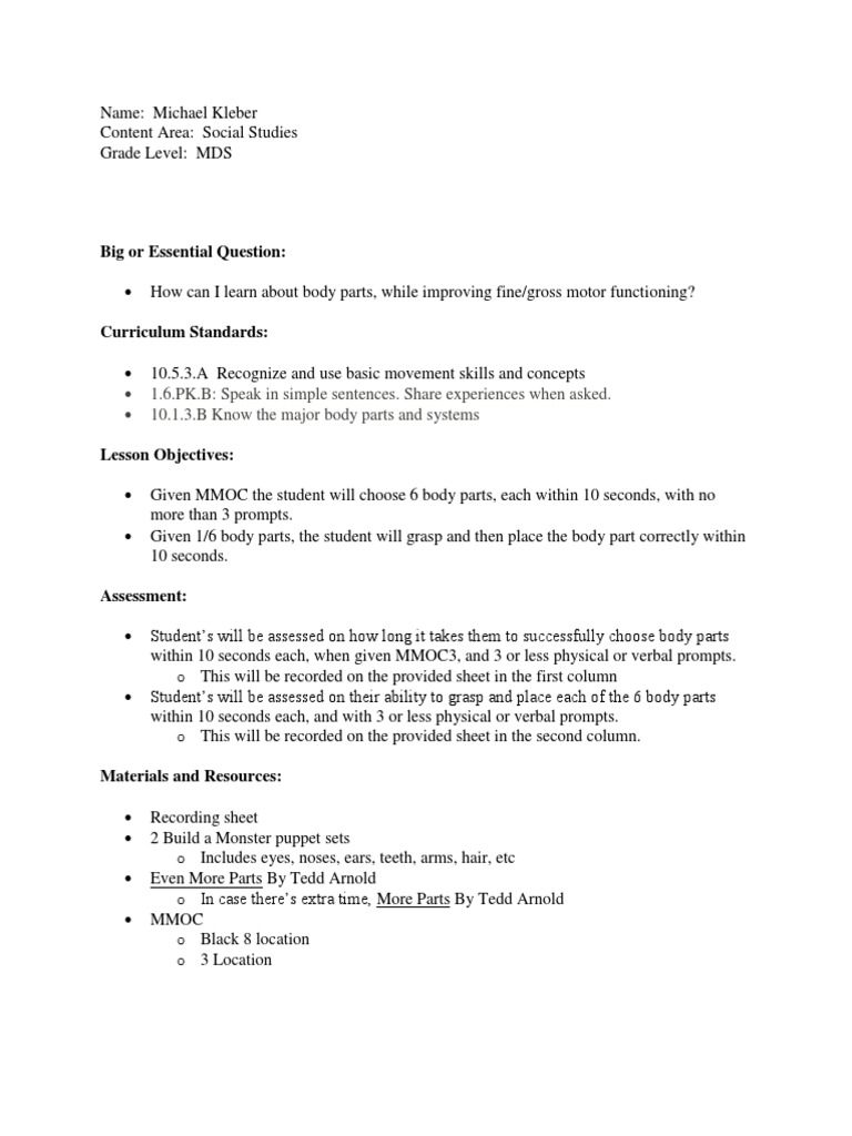 Sped Field Lesson Plan-Puppet Body Parts | PDF | Puppets | Curriculum