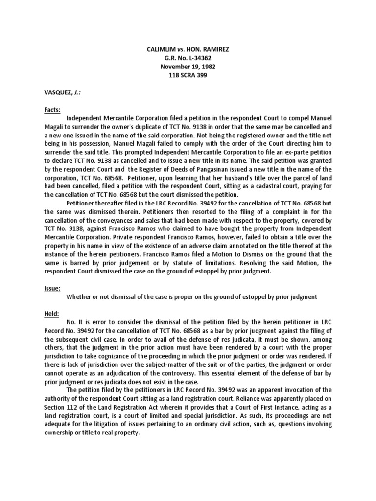 Calimlim vs. Ramirez: Title Dispute Ruling | PDF | Lawsuit | Res Judicata