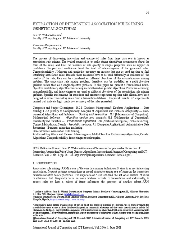 Extraction of Interesting Association Rules Using Genetic Algorithms | PDF | Genetic Algorithm ...