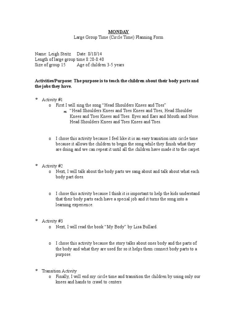 Monday Large Group Time Planning Form | PDF
