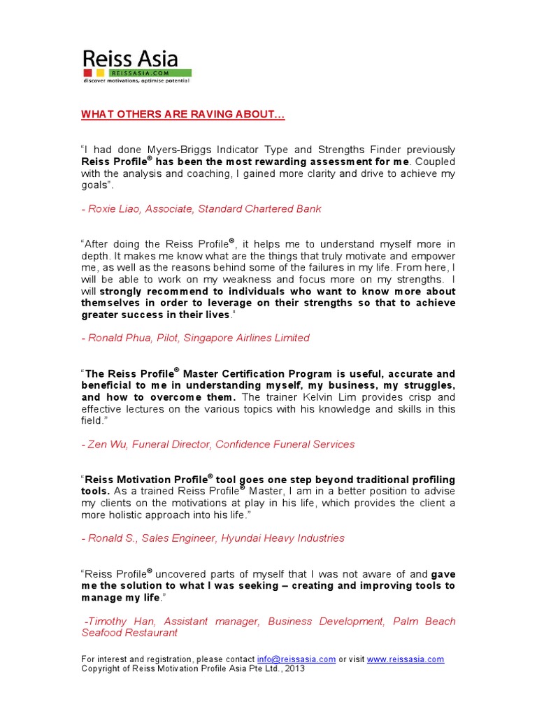 Testimonials For The Reiss Motivation Profile | PDF | Motivation ...