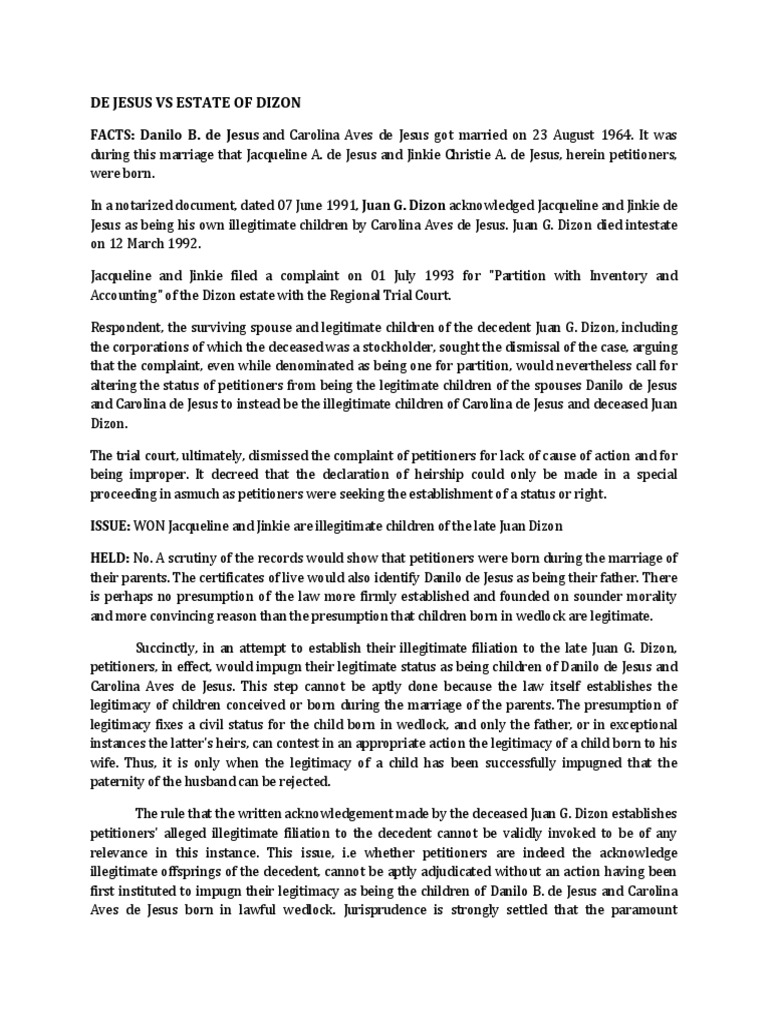 Legitimacy Dispute: De Jesus vs Dizon Estate | PDF | Legitimacy (Family ...