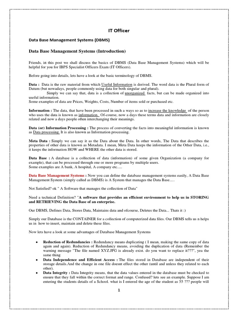 IT Specialist Officer Study Material-DBMS | PDF | Data Model | Databases