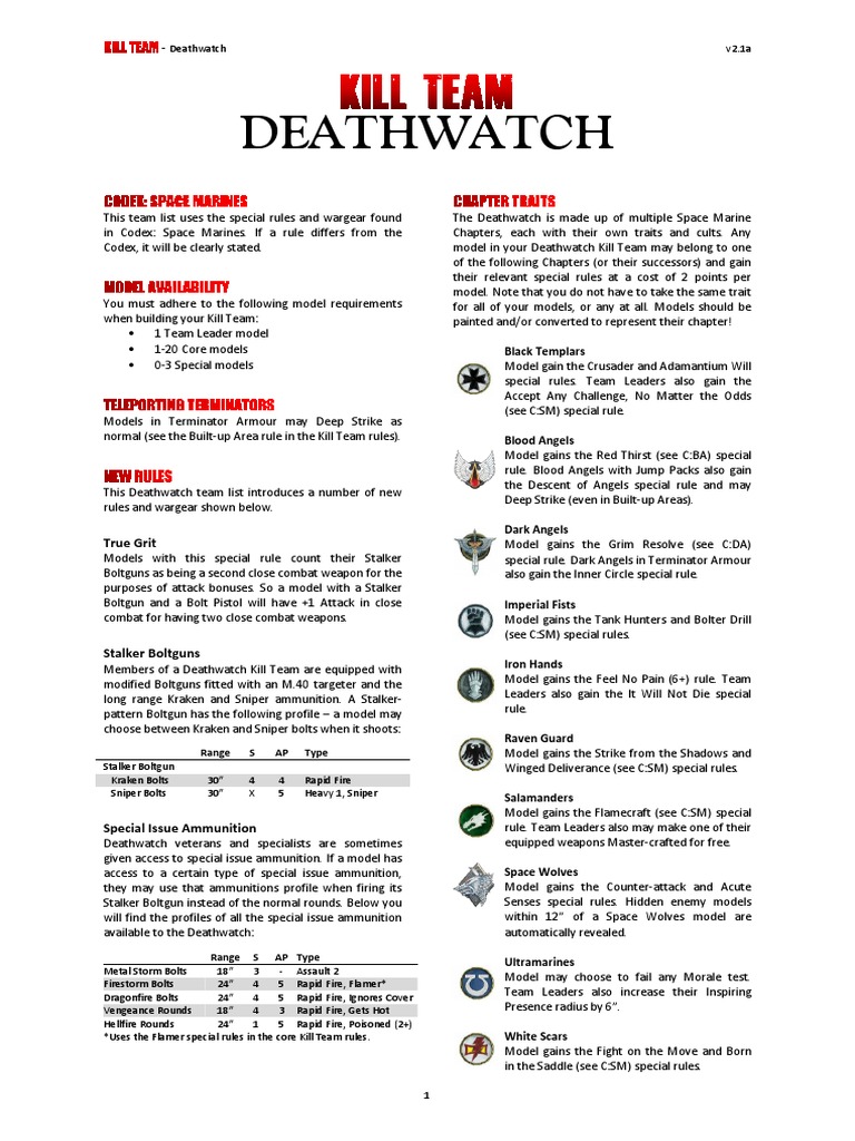 Kill Team List - Deathwatch v2.1 | PDF | Ammunition | Military Technology