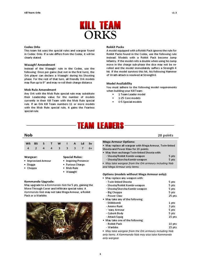 Kill Team List - Orks v1.3 | PDF | Military Technology | Leisure