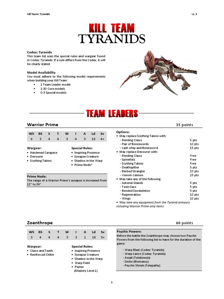 Kill Team List - Tyranids v1.3 | PDF | Leisure | Armed Conflict