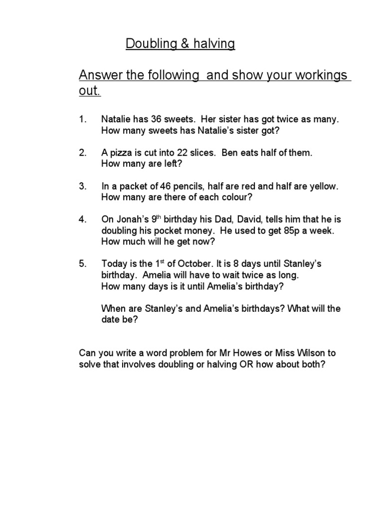 Word Problems Doubling and Halving | PDF