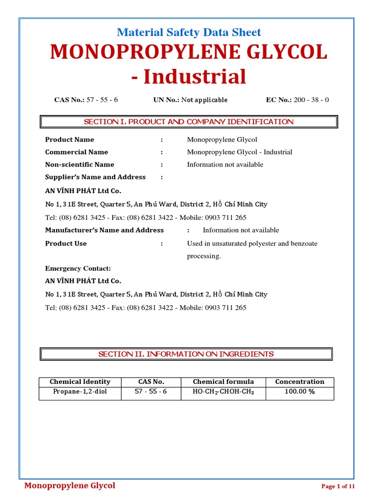 Monopropylene Glycol Safety Data Sheet | PDF | Personal Protective ...