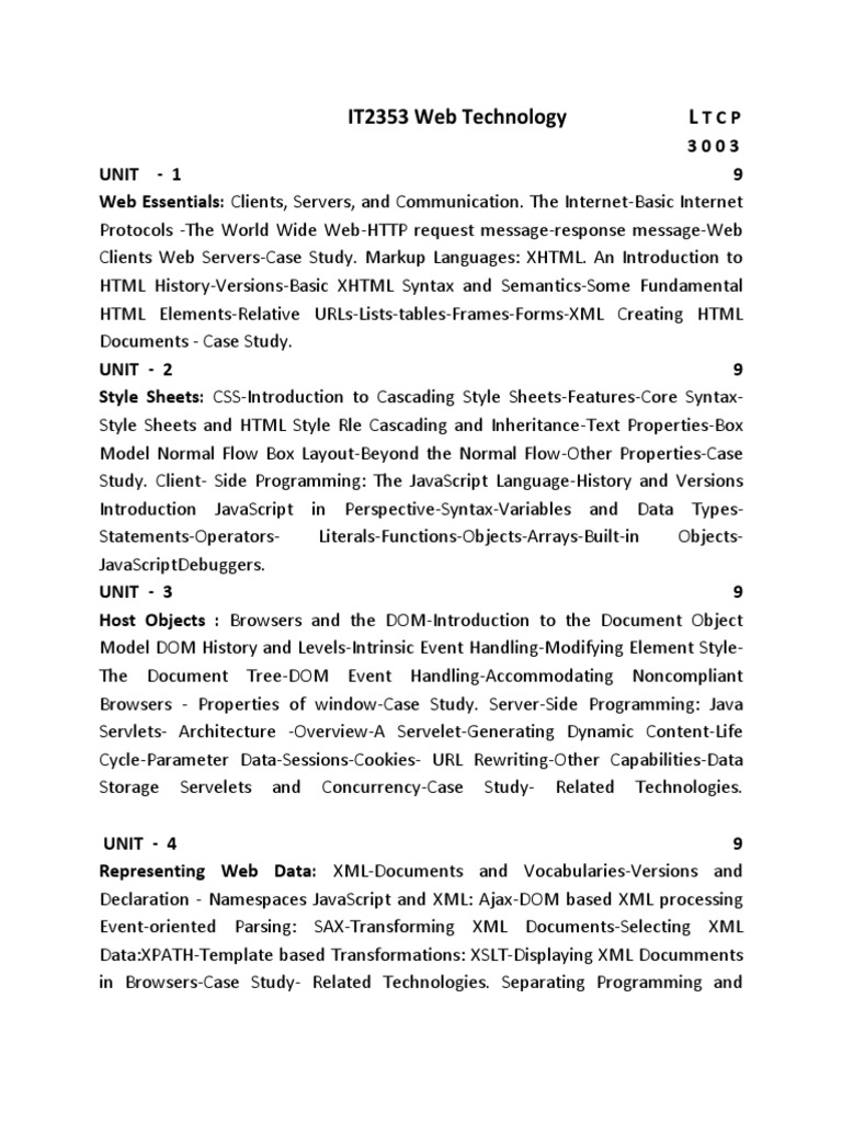 It2353 Web Technology - Syllabus | Html | Xml