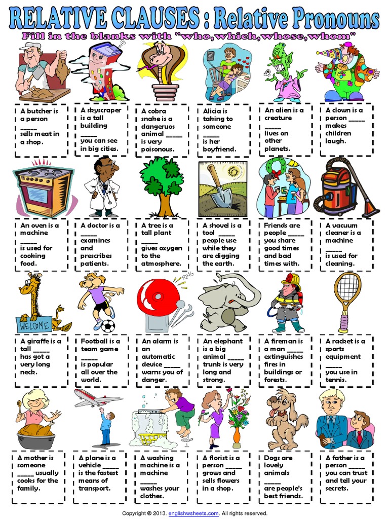 Relative Clauses Relative Pronouns Who Which Whose Whom Worksheet 1 | PDF