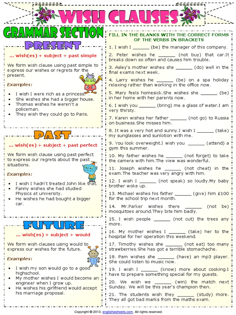 Wish Clauses Worksheet Grammar Explanation | Clause | Linguistic Morphology