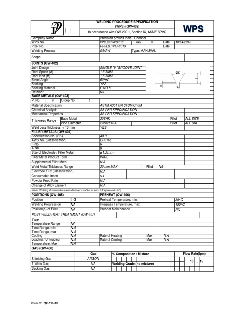 Welding Procedure Specification (WPS) (QW-482) : PPI/L&T/WPS/013 | PDF ...