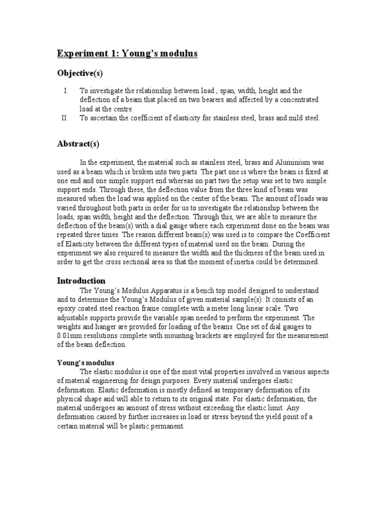 Experiment 1: Young's Modulus | PDF | Elasticity (Physics) | Beam ...