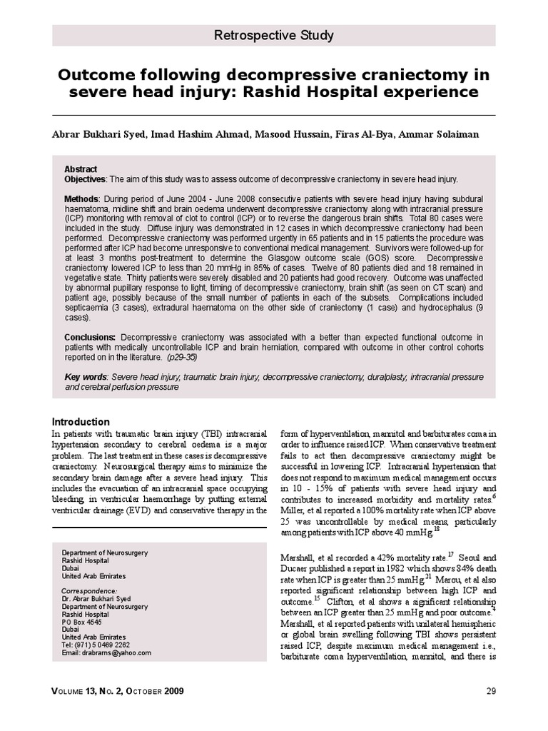 Outcome Following Decompressive Craniectomy in Severe Head Injury ...