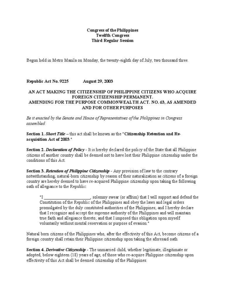 RA 9225 Citizenship Retention and Reacquisition Act of 2003 | PDF | Oath Of Office | Allegiance