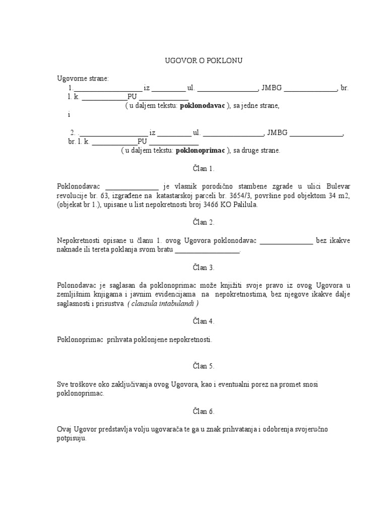 Primer Ugovora o Poklonu | PDF