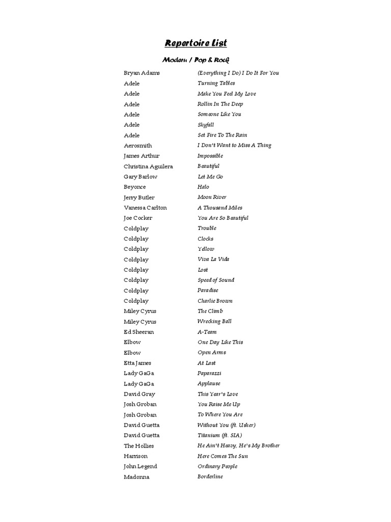 Repertoire List: Modern / Pop & Rock | PDF | Musicians | Music Award ...