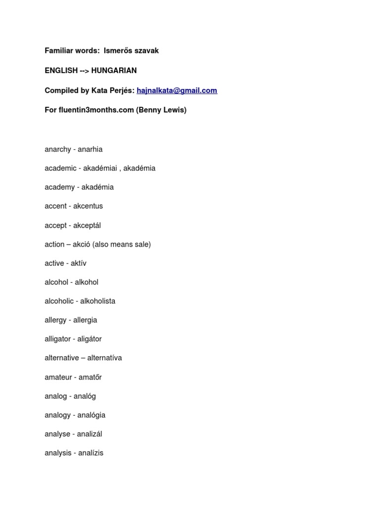 Hungarian Familiar Words | PDF