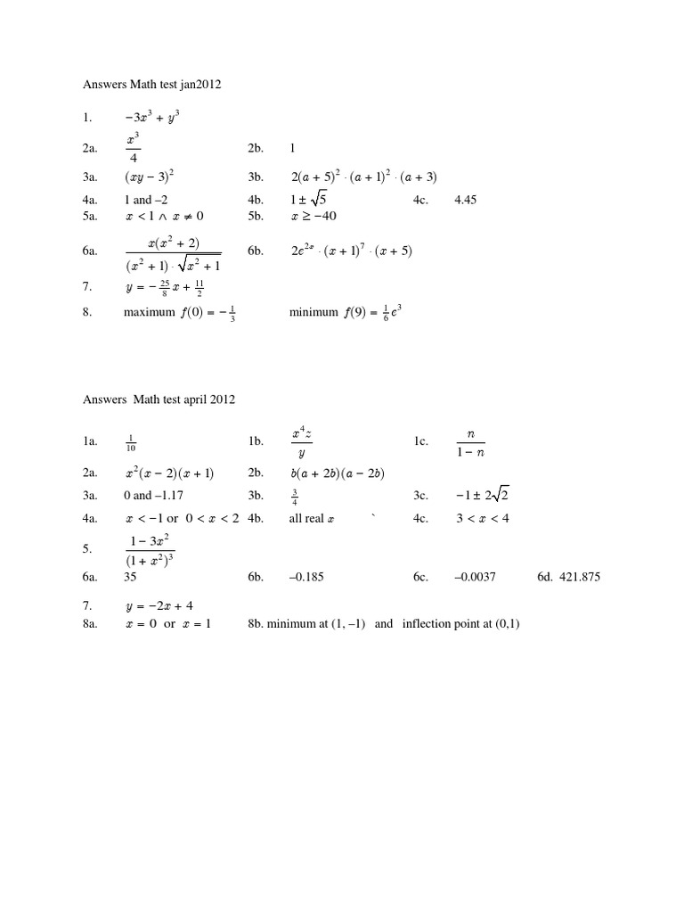 Math Test Answers January-April 2012 | PDF