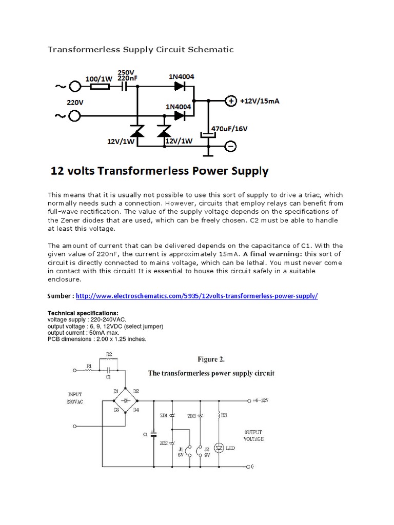 12V Transformerless Power Supply | PDF | Electrical Network | Capacitor