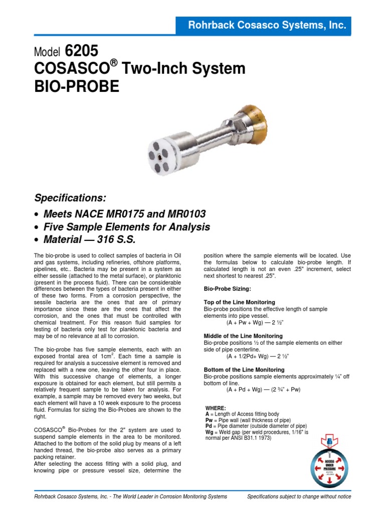 6205 Cosasco Two-Inch BIO PROBE | PDF | Pipe (Fluid Conveyance) | Corrosion