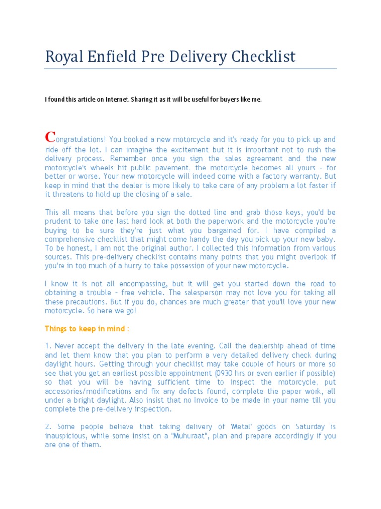 Royal Enfield Bike Delivery Checklist | PDF | Tire | Brake